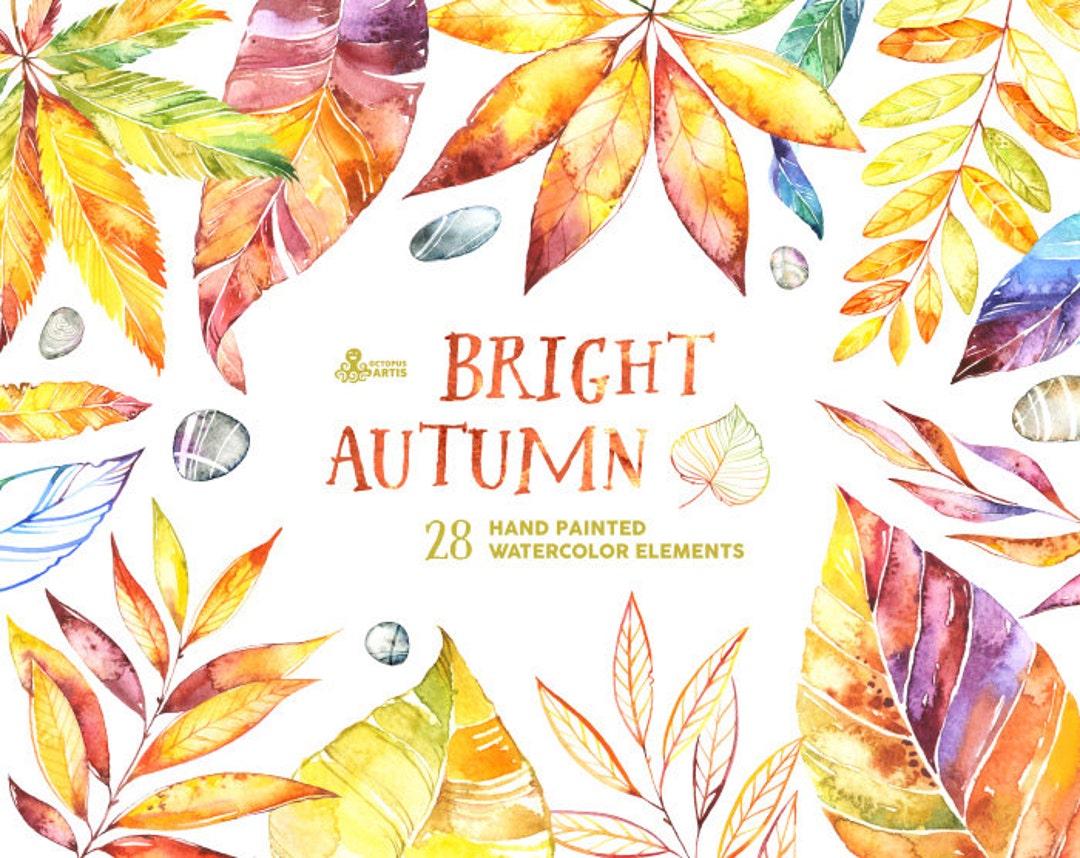 Bright Autumn. 28 Watercolor Elements, Handpainted Clipart, Fall Leaves ...