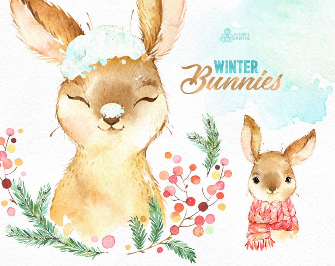 Winter Bunnies. Watercolor Holiday Clipart, Rabbit, Red, Hare ...