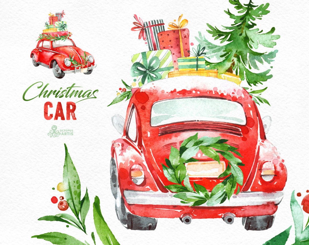 Christmas Car Red Watercolor Holiday Clipart, Vintage, Retro Car ...