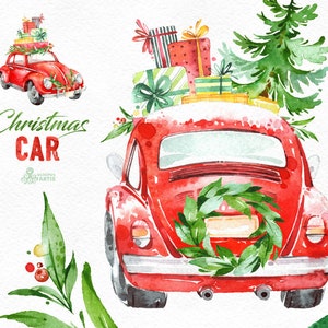 Christmas Car Red Watercolor holiday clipart vintage retro | Etsy