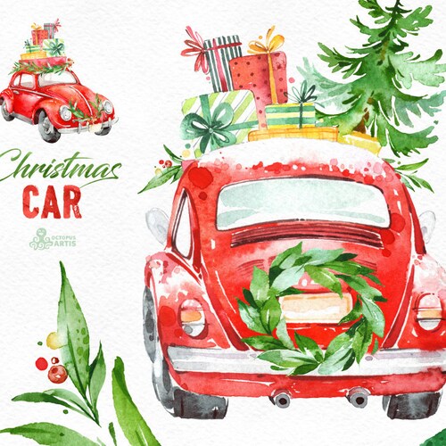 Christmas Car Red Watercolor Holiday Clipart Vintage Retro - Etsy