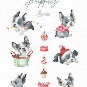 Puppies Christmas. Watercolor Little Animal Clipart, Frenchies, French ...