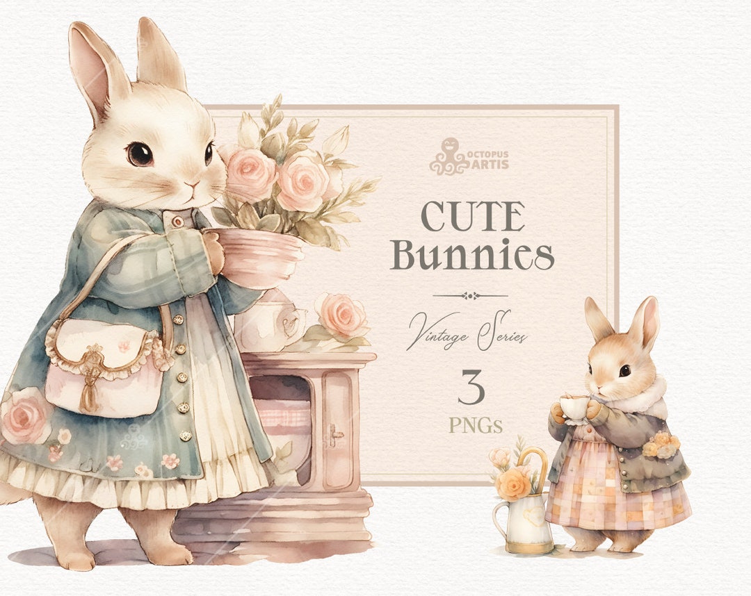 Cute Bunnies - Vintage. Animal Clipart, Bouquets, Easter, Tea, Rabbit ...