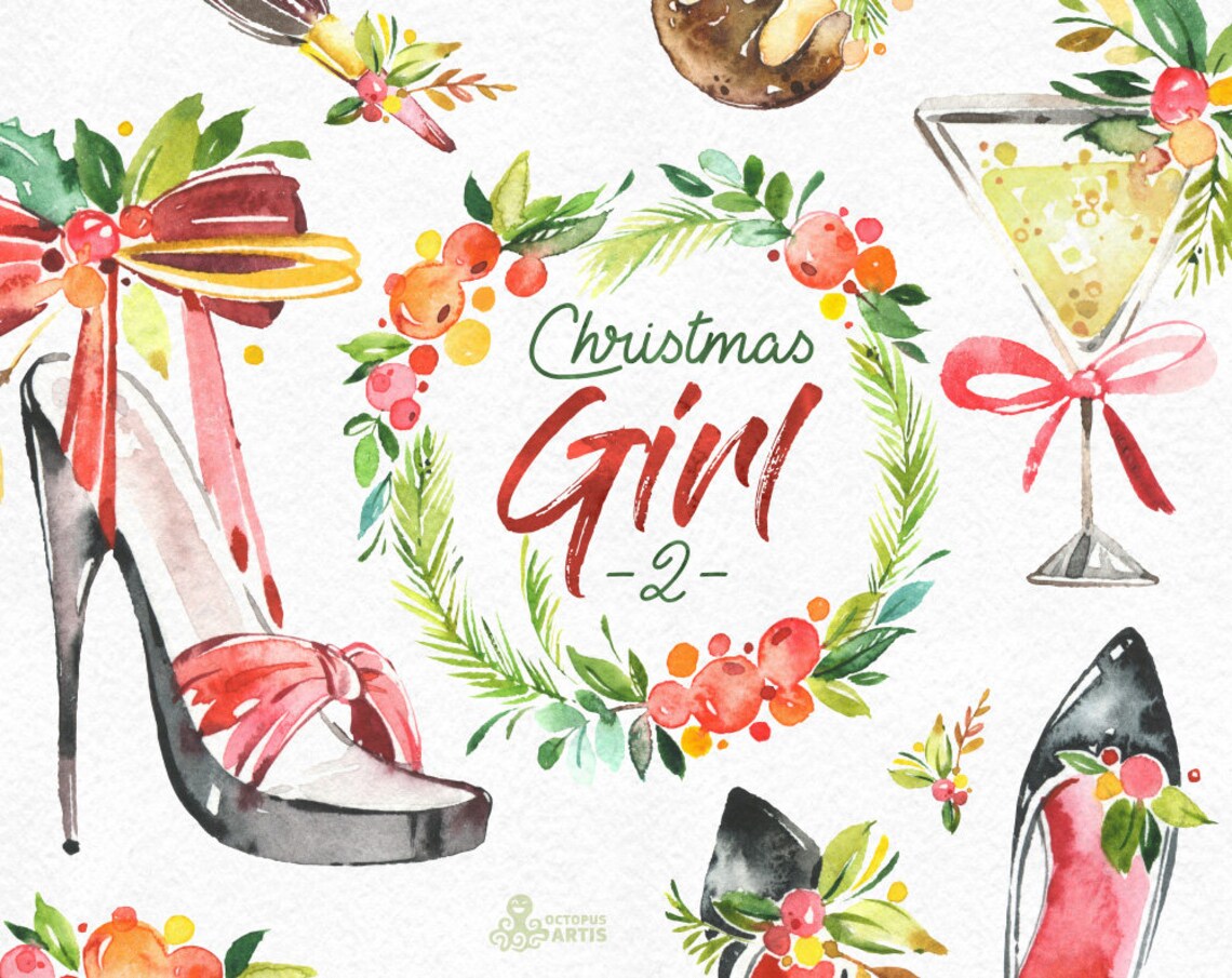 Christmas Girl 2. Watercolor Holiday Clipart Lady Vintage - Etsy