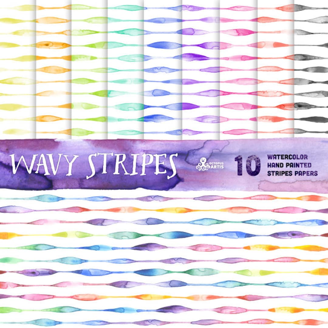 Watercolor Wavy Strips Papers: 10 Digital Files. Hand Painted, Brush ...