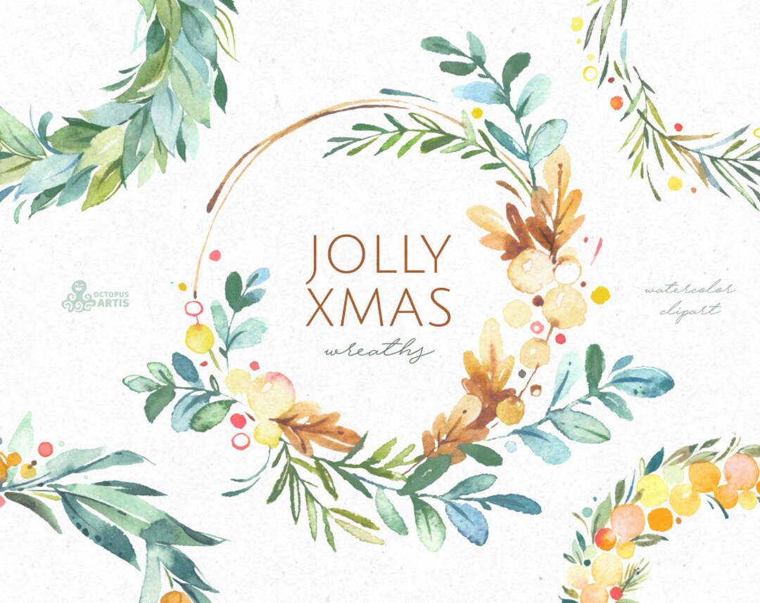 Jolly Xmas Wreaths. Watercolor Holiday Floral Clipart, Christmas, Decor ...
