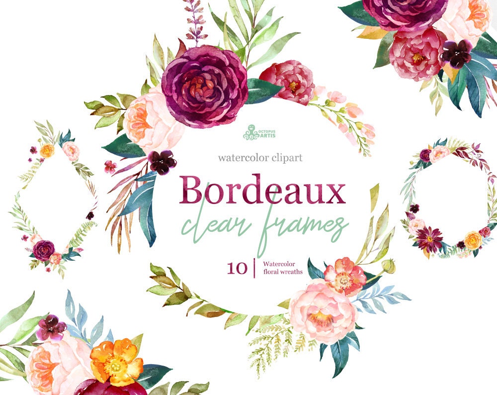 Bordeaux. Clear Frames Watercolor Floral Clipart Burgundy | Etsy