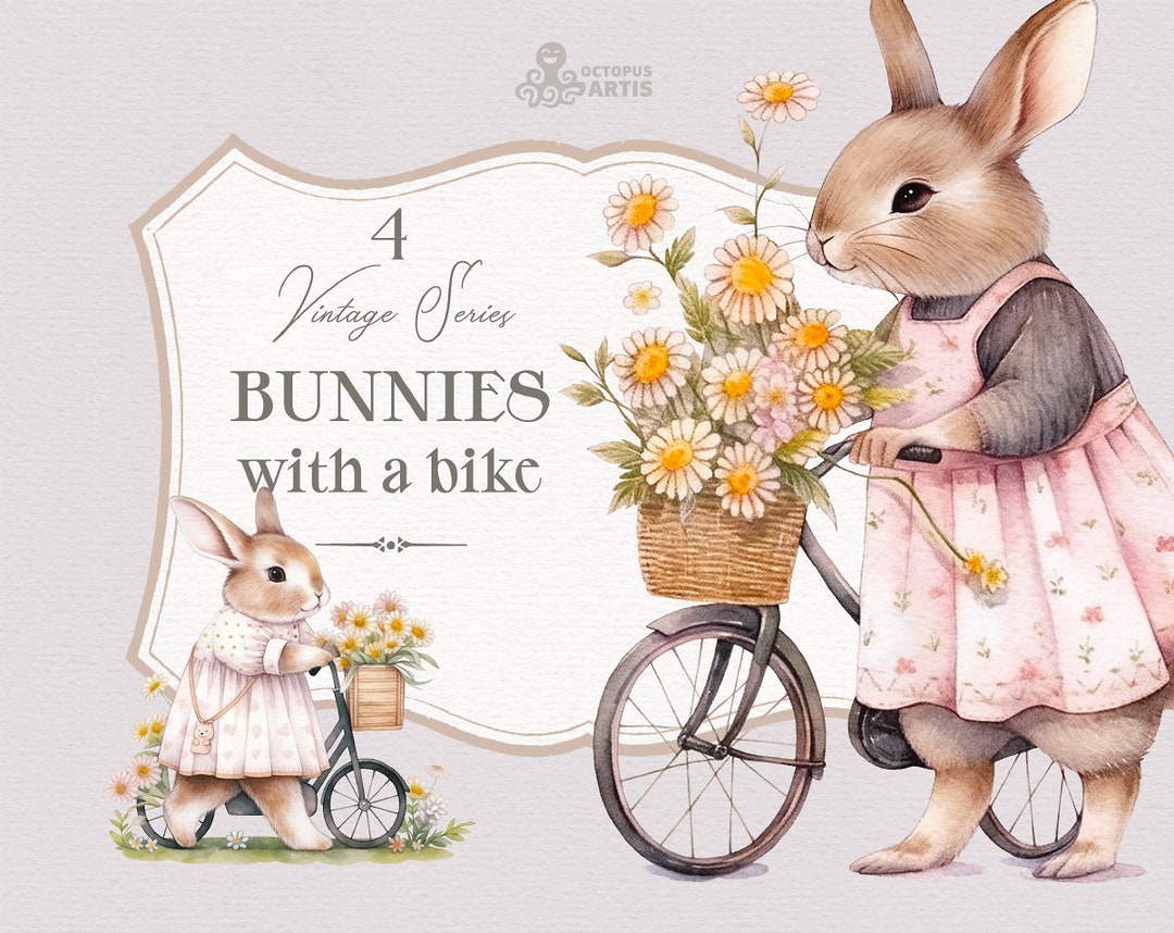 Bunnies With a Bike - Vintage. Animal Clipart, Spring, Easter, Rabbit ...