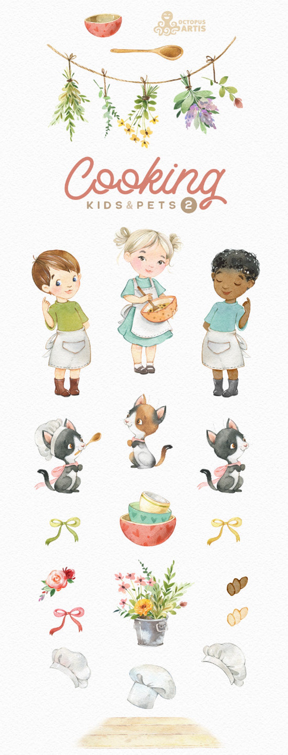Cooking. Kids & Pets 2. Watercolor Clipart Kitten Cute Girl - Etsy