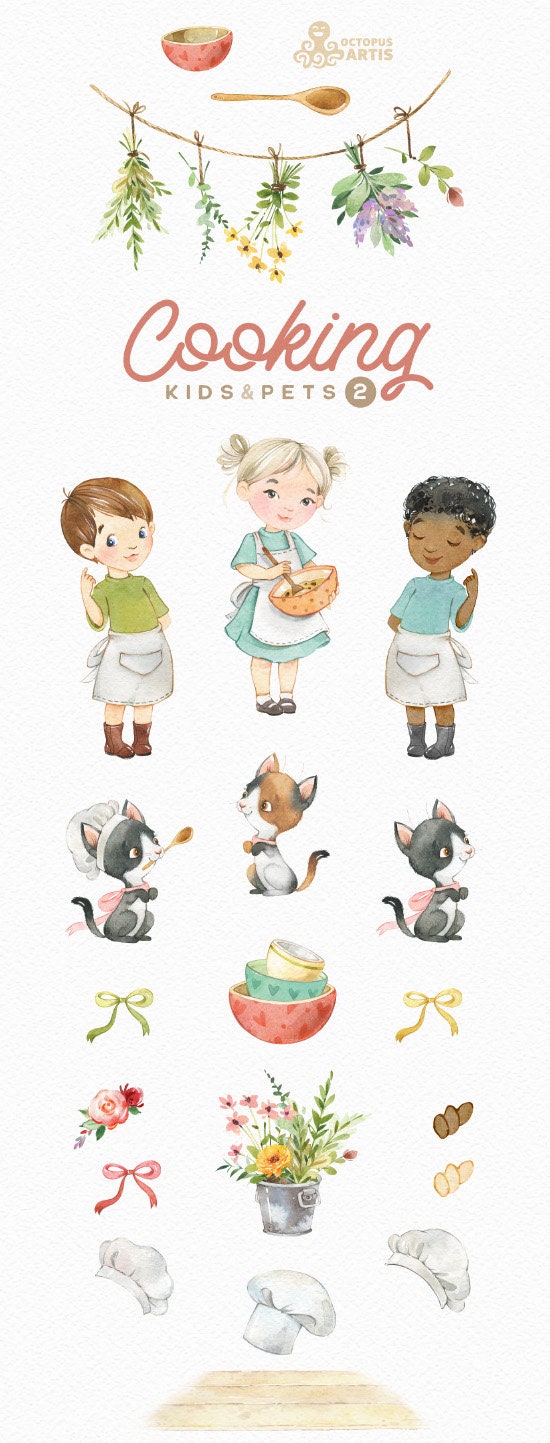 Cooking. Kids & Pets 2. Watercolor Clipart Kitten Cute Girl - Etsy