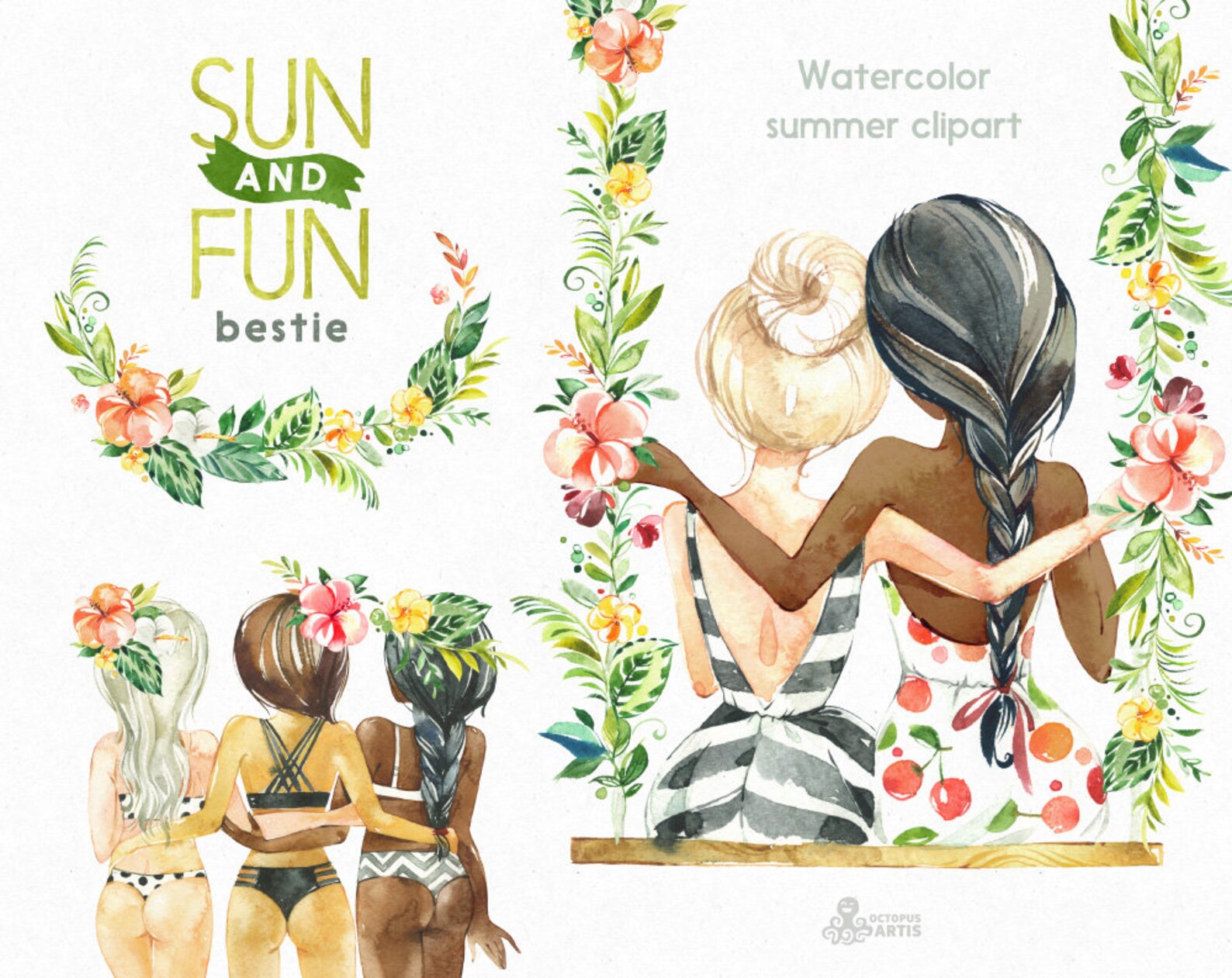 Sun&Fun. Bestie. Watercolor summer clipart best girlfriends | Etsy