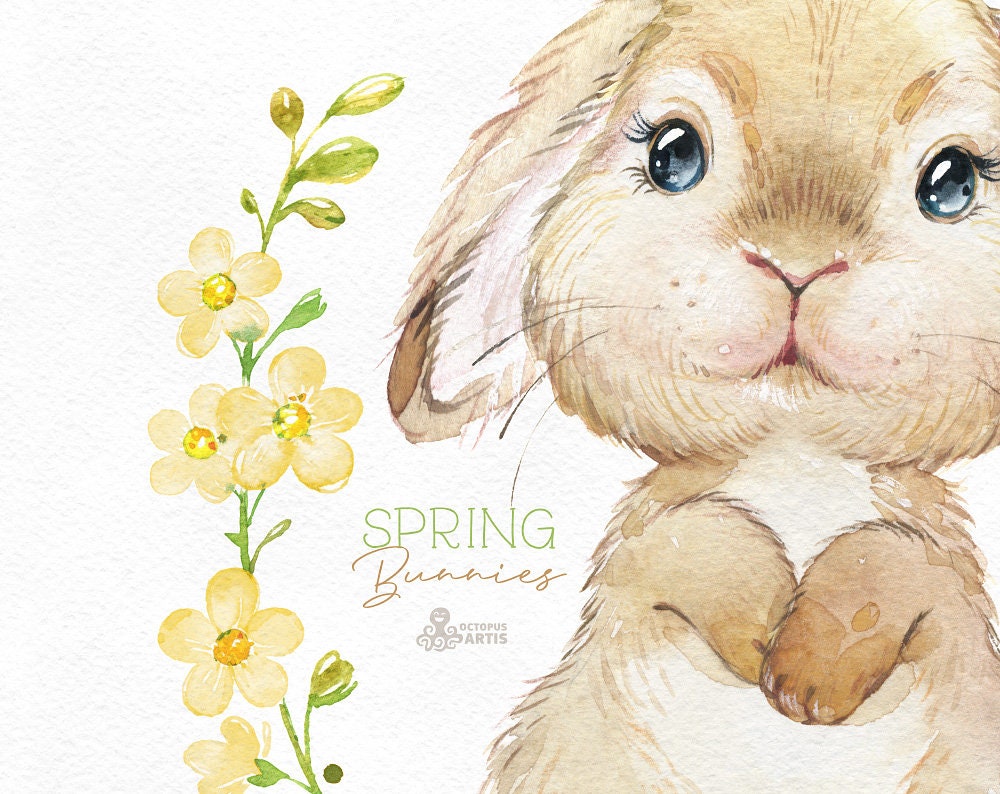Spring Bunnies. Watercolor Little Animals and Floral Clipart - Etsy