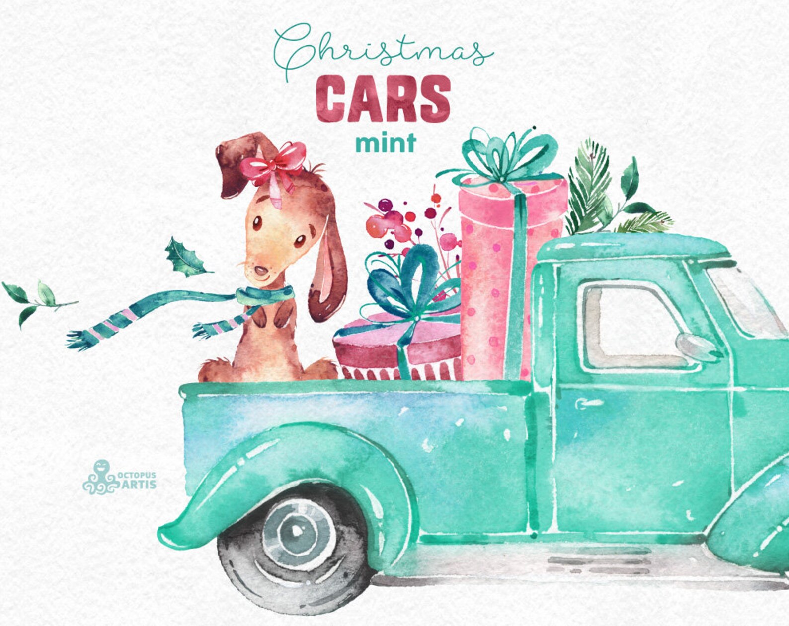 Christmas Cars Mint. Watercolor Holiday Clipart Vintage - Etsy