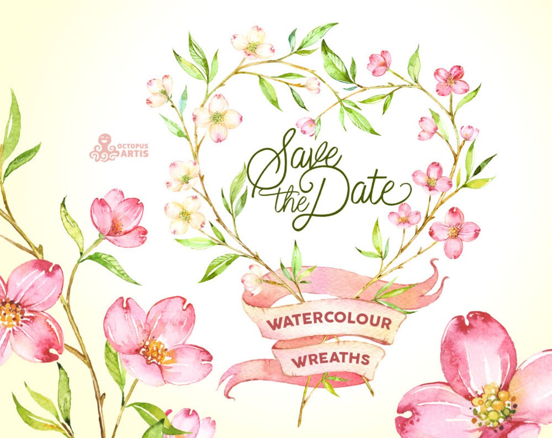 Save the Date. 5 Watercolor Wreaths, Flowers Clipart, Dogwood, Wedding ...