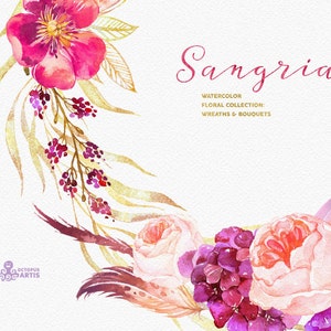 Sangria. Burgundy and Gold Floral Wreaths and Bouquets, Watercolor Hand ...