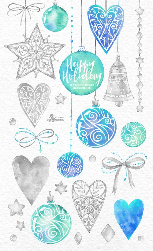 Happy Holiday Blue & Silver. 33 Watercolor Elements Hand - Etsy