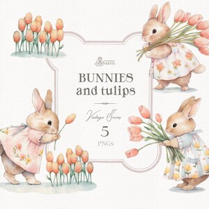 Bunnies & Tulips - Vintage. Animal Clipart, Spring, Easter, Rabbit ...