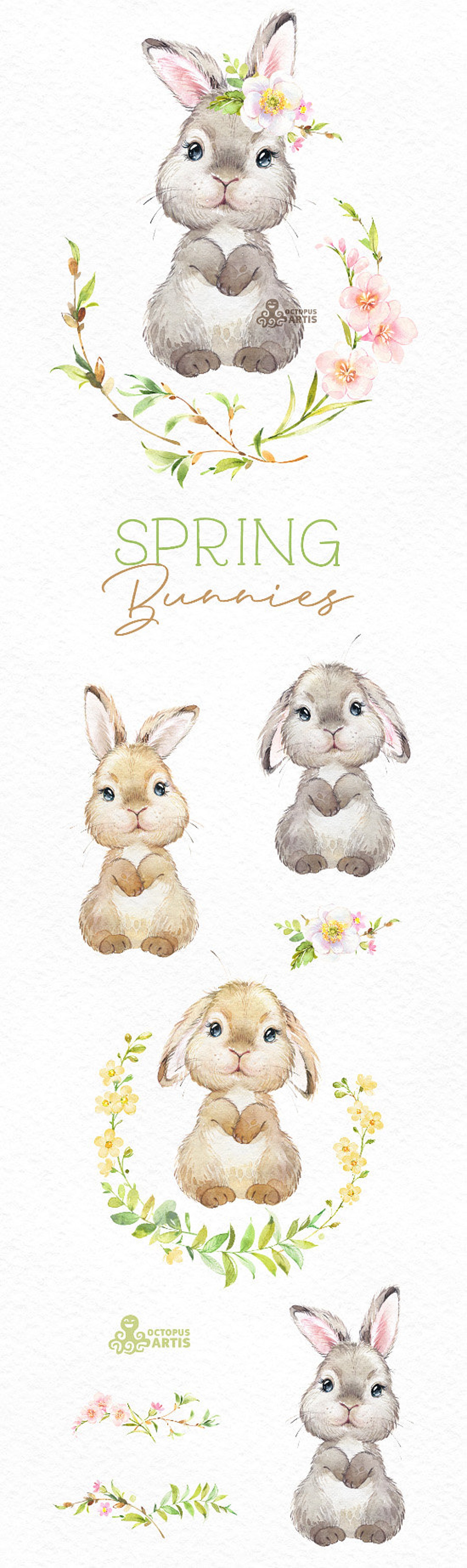 Spring Bunnies. Watercolor Little Animals and Floral Clipart - Etsy