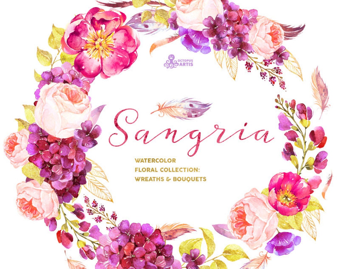 Sangria. Burgundy and Gold Floral Wreaths and Bouquets, Watercolor Hand ...