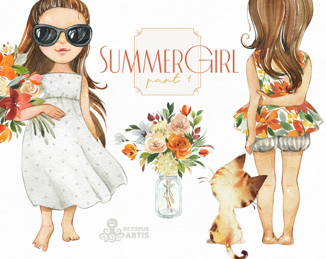 Summer Girl. Watercolor Clipart, Little Girl, Cat, Flowers, Bouquet ...