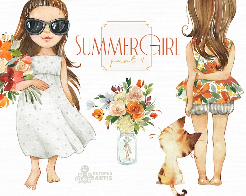 Summer Girl. Watercolor Clipart Little Girl Cat Flowers - Etsy