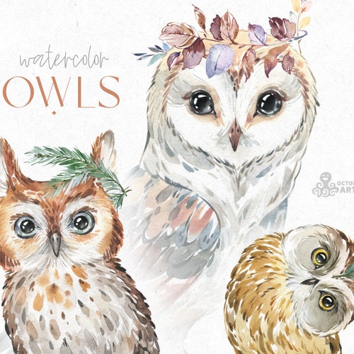 Cute Owls 2. Forest Birds Clip Art Watercolor Wreath - Etsy