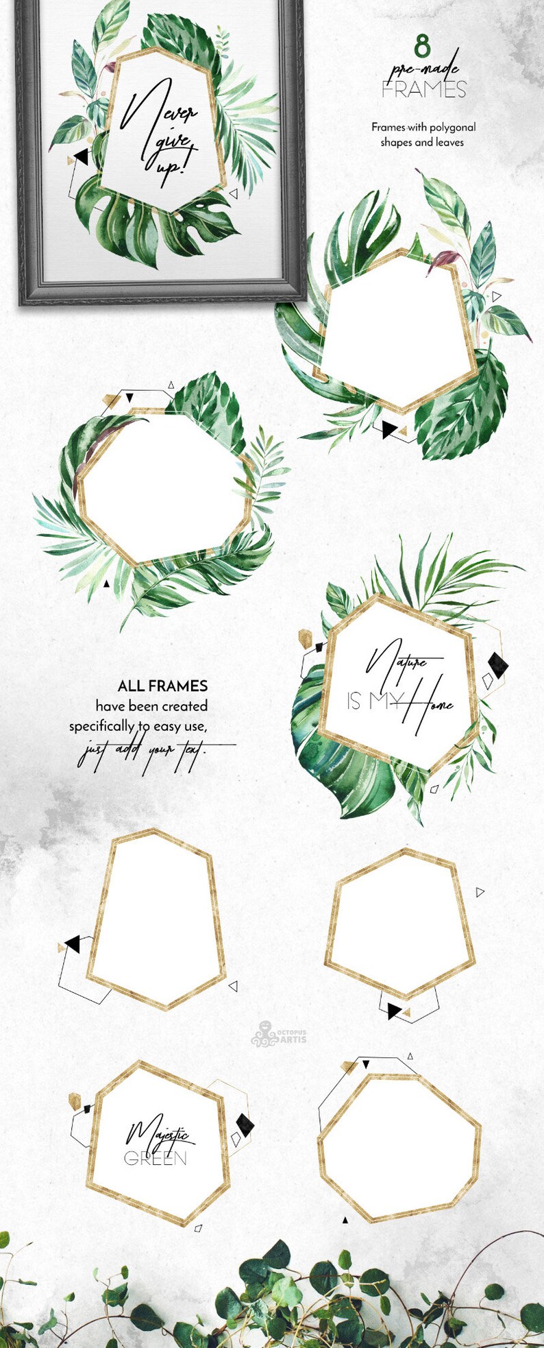 Majestic Green. Frames 4. Watercolor Florals and Golden - Etsy