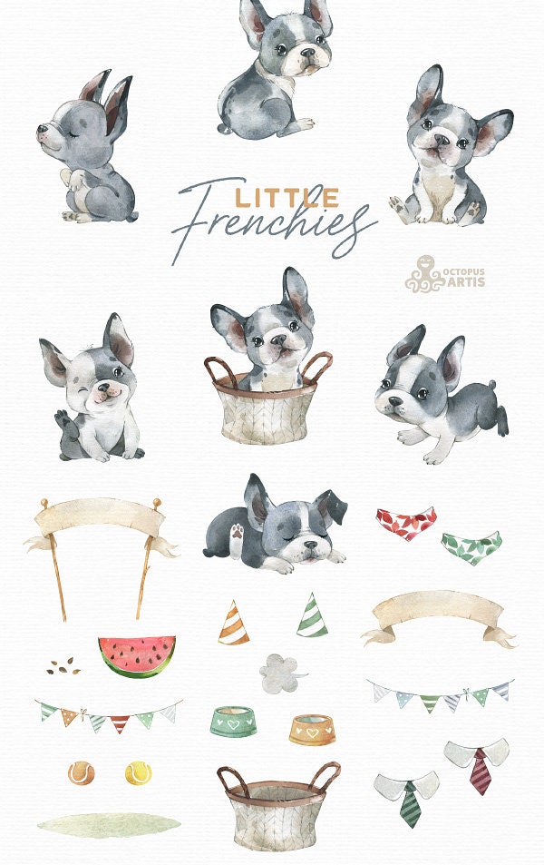 Little Frenchies. Watercolor Little Animal Clipart French - Etsy
