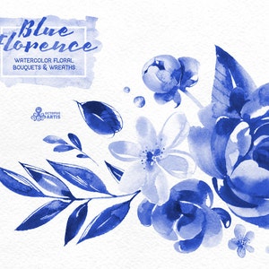 Blue Ink Florence. Watercolor Bouquets and Wreaths, Delft Blue, Peony ...
