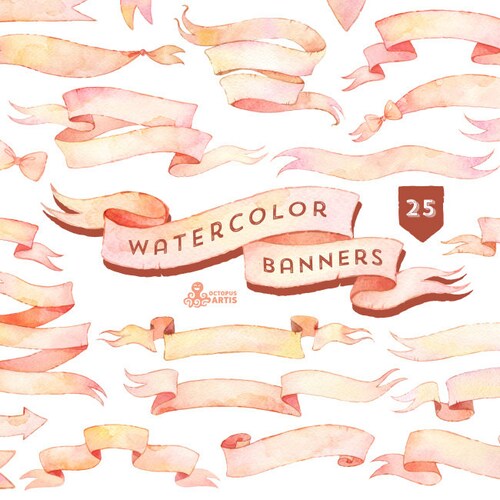Watercolor Banners Ribbons Clipart: 25 Digital Files. Light - Etsy