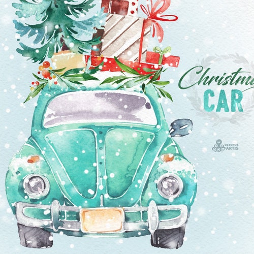Holiday Truck. Watercolor Christmas Clipart Vintage Retro - Etsy