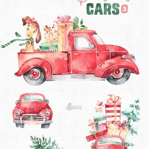 Christmas Cars 3. Watercolor Holiday Clipart, Vintage, Retro Truck ...
