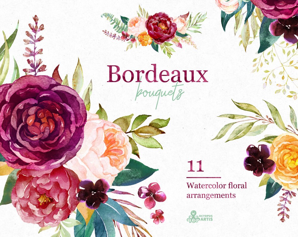 Bordeaux. Bouquets 11 Watercolor Floral Arrangements | Etsy