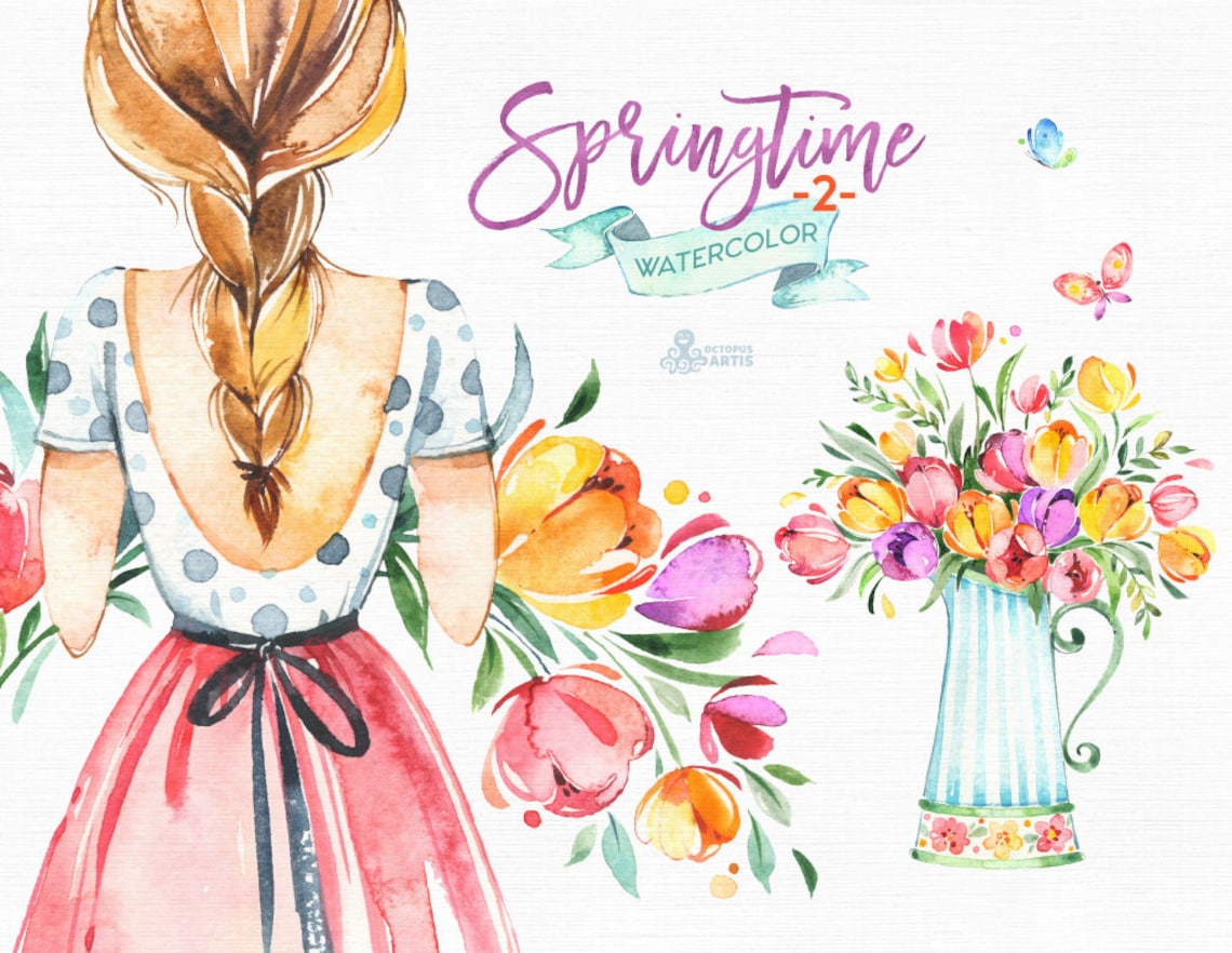 Springtime 2. Watercolor Floral Clipart Girls Tulips - Etsy