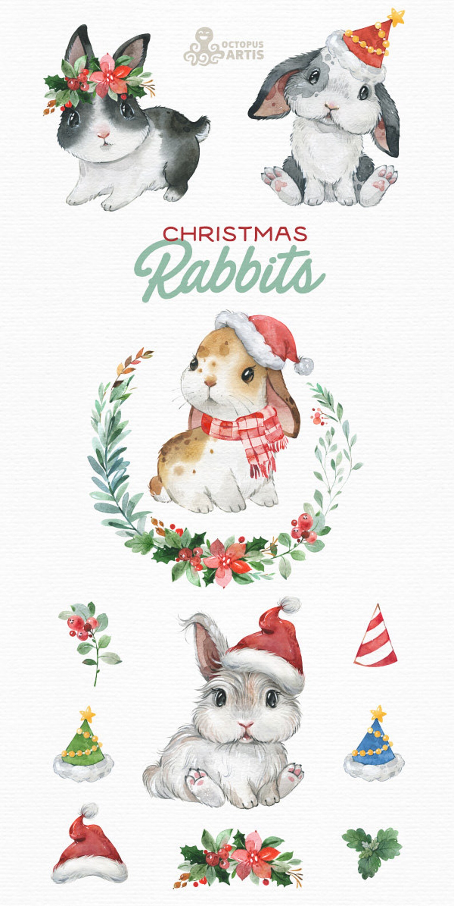 Christmas Rabbits. Watercolor Little Animals and Floral - Etsy