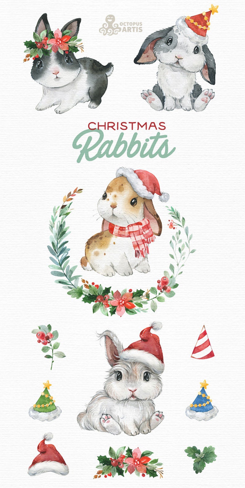 Christmas Rabbits. Watercolor Little Animals and Floral - Etsy