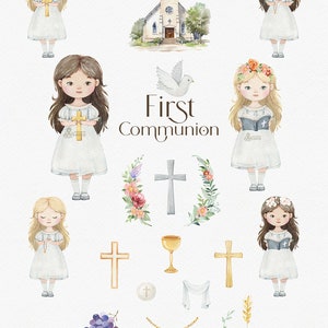 First Communion. Watercolor Clipart, Little Girl, Church, Holy, Flowers ...