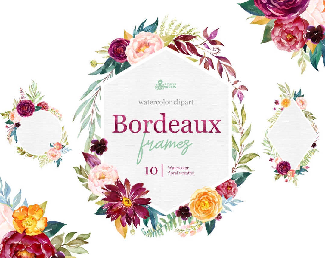 Bordeaux. Frames, Watercolor Floral Clipart, Burgundy, Maroon, Purple ...