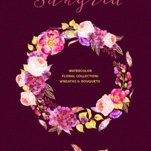 Sangria. Burgundy and Gold Floral Wreaths and Bouquets, Watercolor Hand ...