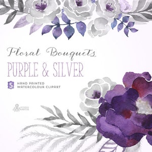 Purple & Silver Floral Bouquets. Digital Clipart. Hand Painted ...