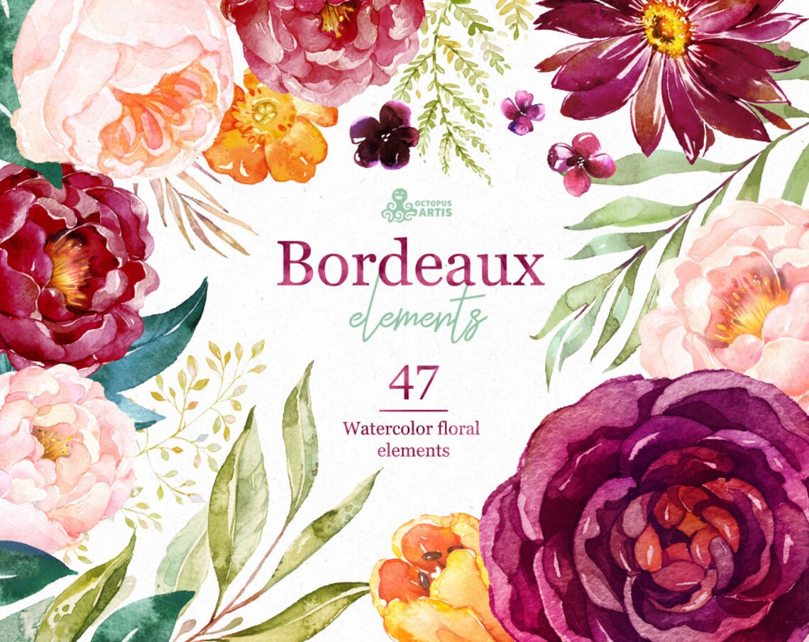 Bordeaux Elements Watercolor Floral Clipart Burgundy - Etsy