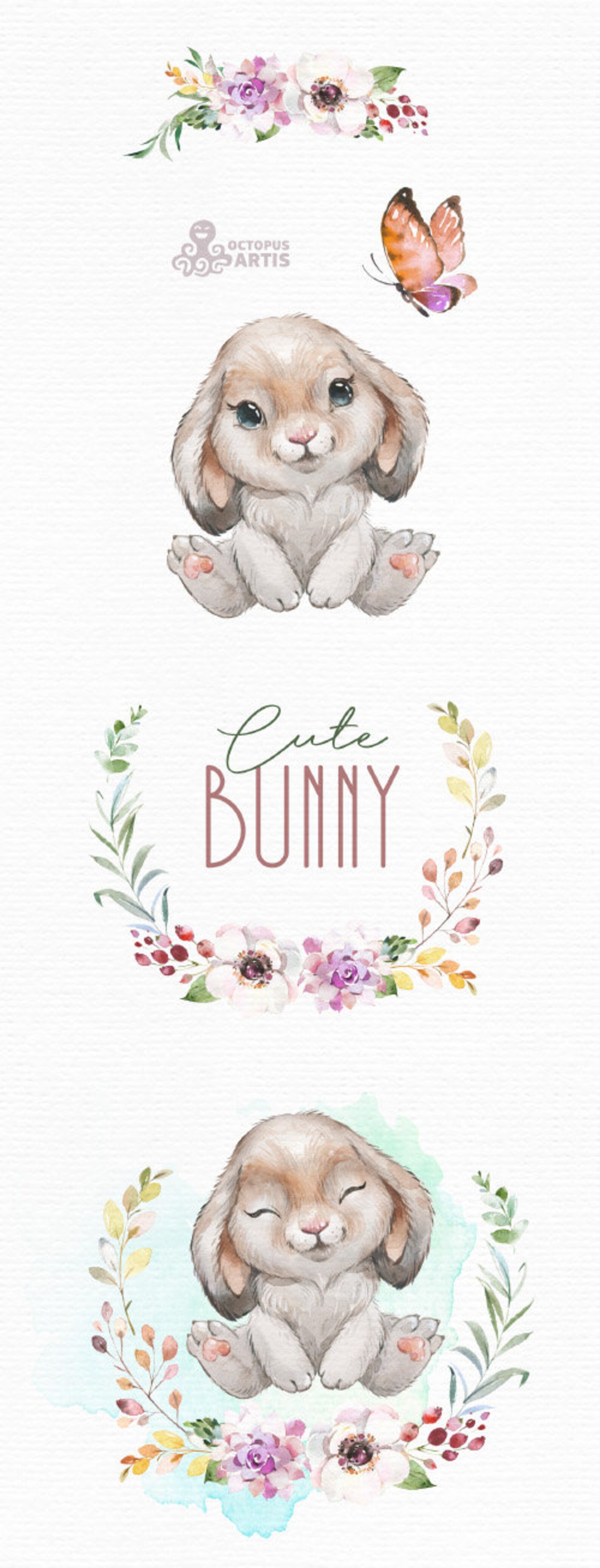 Cute Bunny. Watercolor Little Animals and Floral Clipart - Etsy
