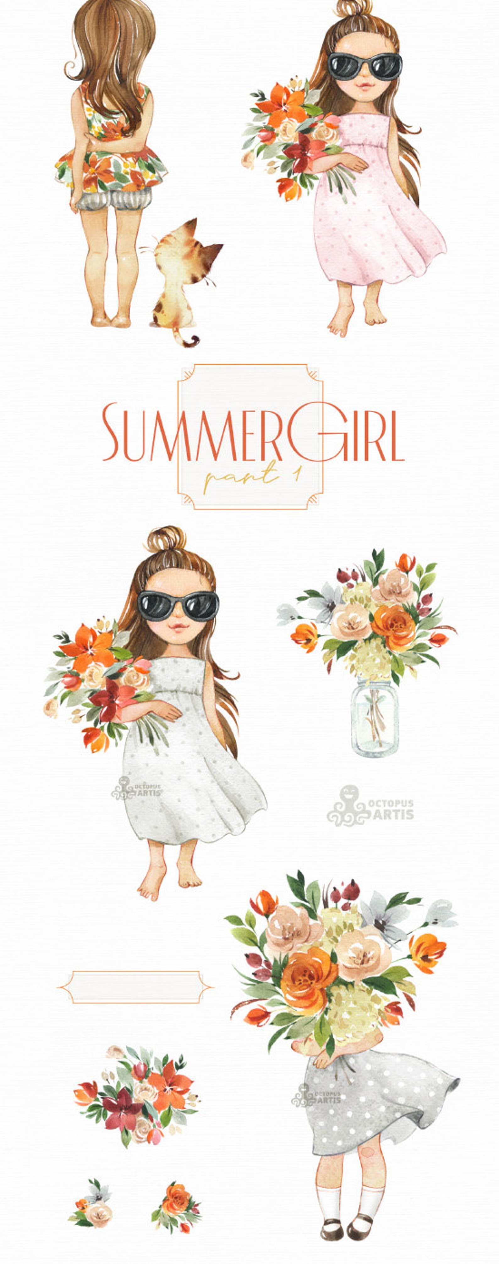Summer Girl. Watercolor Clipart Little Girl Cat Flowers - Etsy