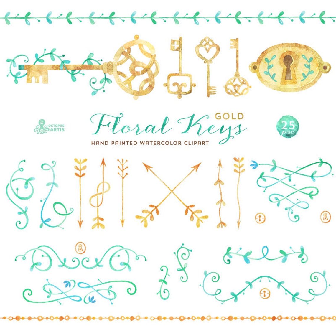 Floral Keys Gold & Mint. 25 Watercolor Clipart Arrows - Etsy