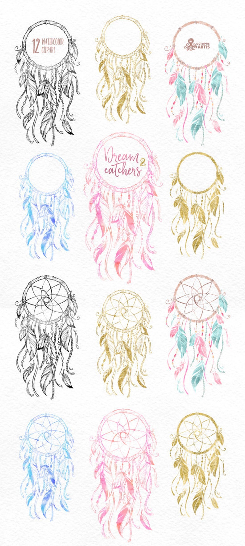 Dreamcatchers 2. Watercolor Clipart. Tribal feathers diy | Etsy