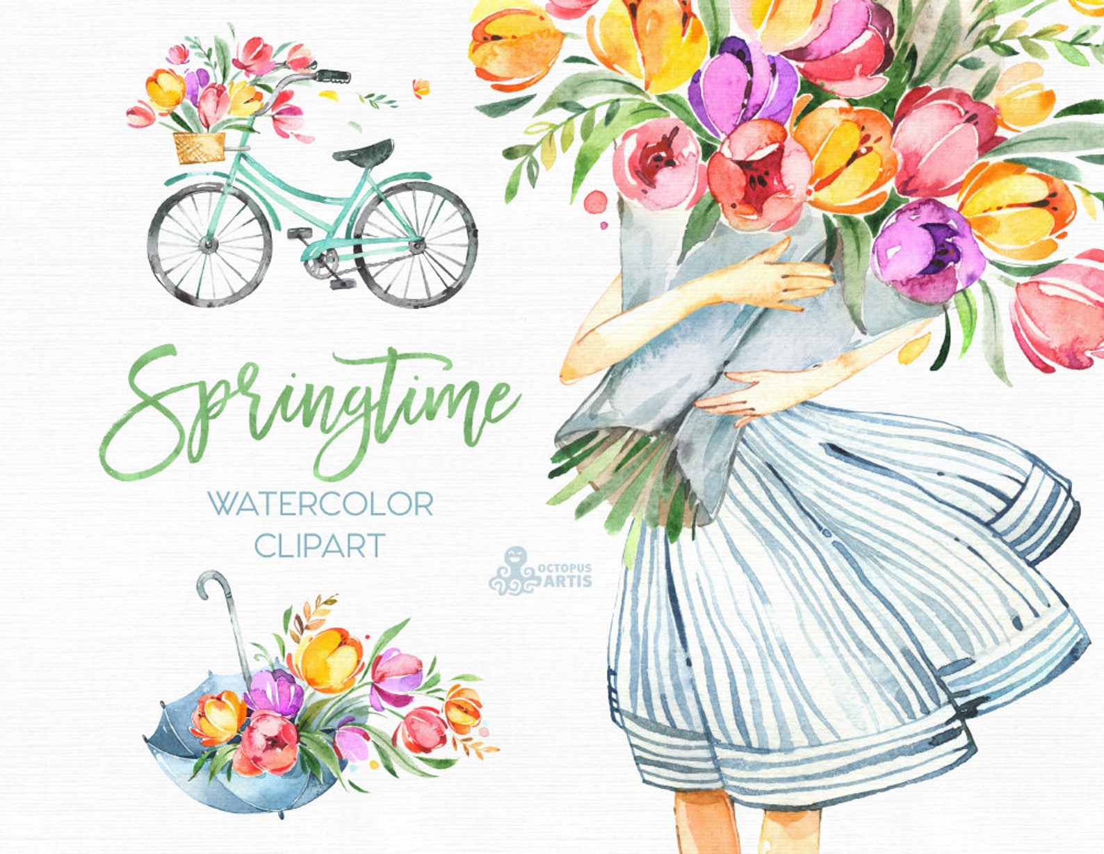 Springtime. Watercolor floral clipart girls tulips frame | Etsy
