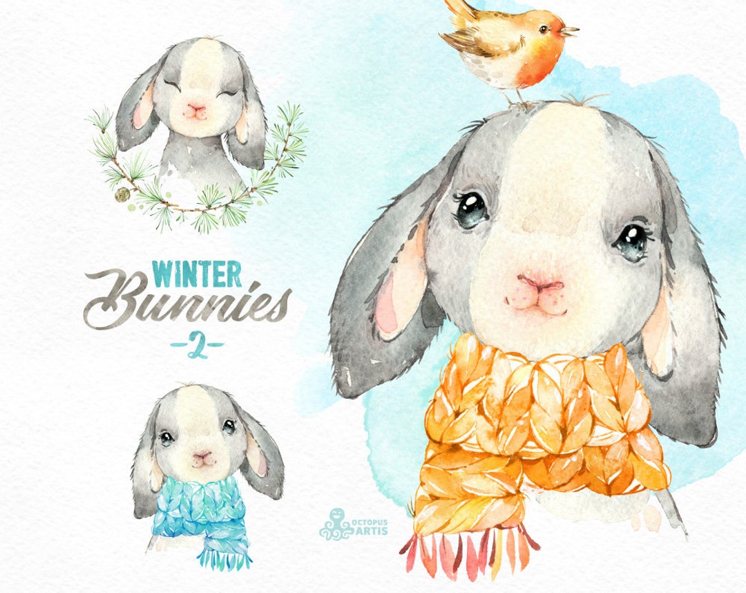 Winter Bunnies 2. Watercolor Holiday Clipart, Rabbit, Hare, Christmas ...