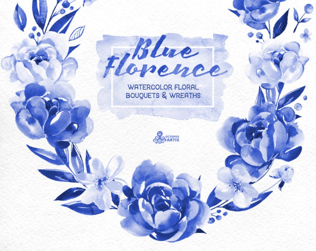 Blue Ink Florence. Watercolor Bouquets and Wreaths, Delft Blue, Peony ...