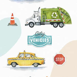 City Vehicles. Watercolor Clipart, Garbage Truck, School Bus, Taxi, Tow ...