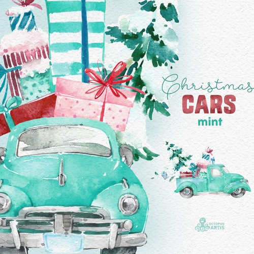 Holiday Truck. Watercolor Christmas Clipart Vintage Retro - Etsy